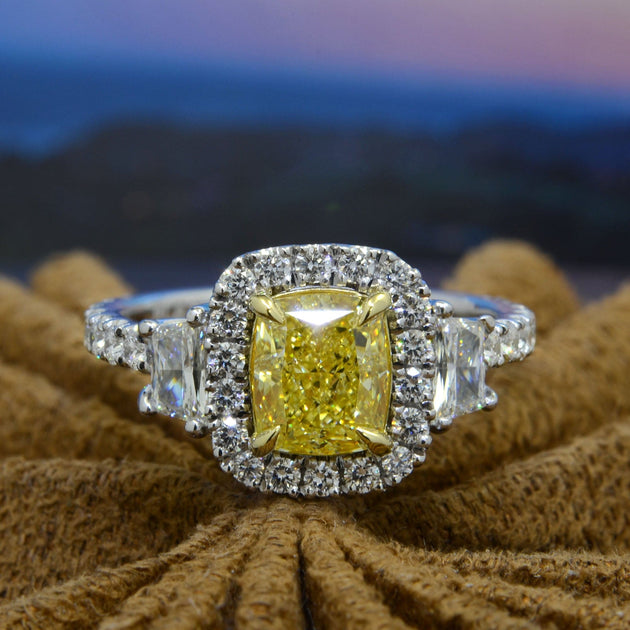 Canary Yellow Cushion Halo Diamond Ring Trapezoids VVS1 GIA, 2.40 Ctw ...