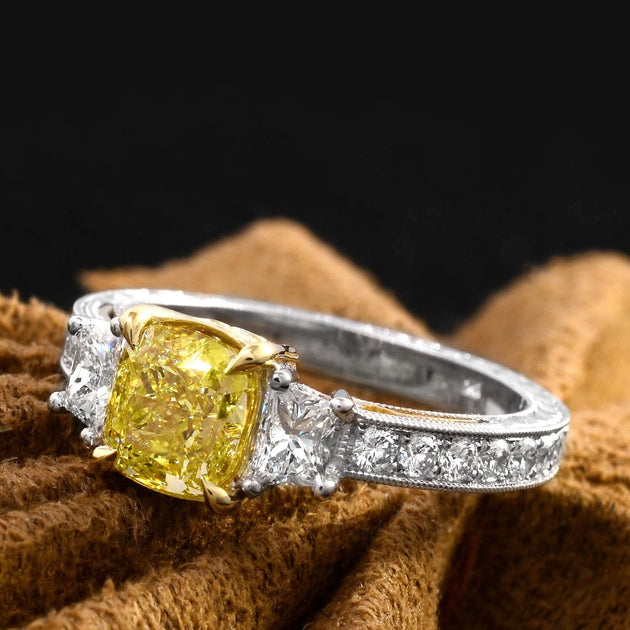 Natural Yellow Cushion Cut Diamond Ring, Art Deco Engagement Ring ...